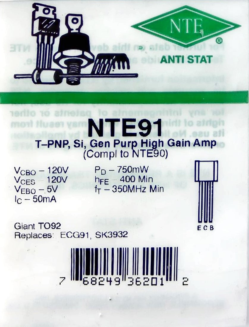 NTE91 T-PNP, Si, Gen Purp High Gain Amp – TekShack